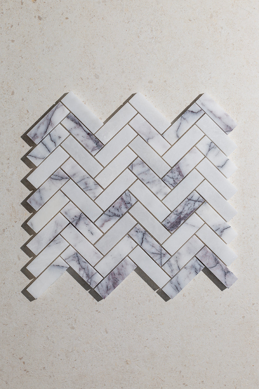 Carrara Viola Dusk Honed Marble Herringbone Mosaic | Quorn Stone