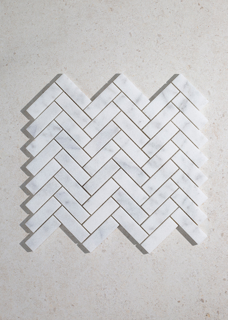 Carrara Bianco Honed Marble Herringbone Mosaic | Quorn Stone