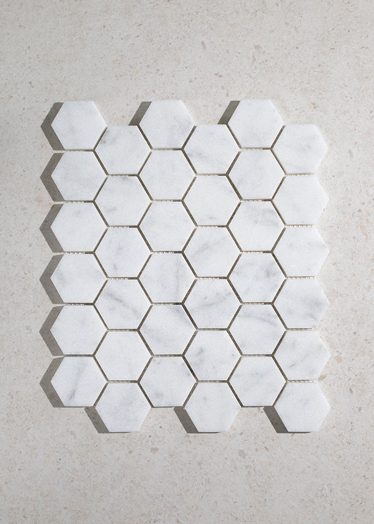 Carrara Bianco Honed Marble Hexagon Mosaic | Quorn Stone