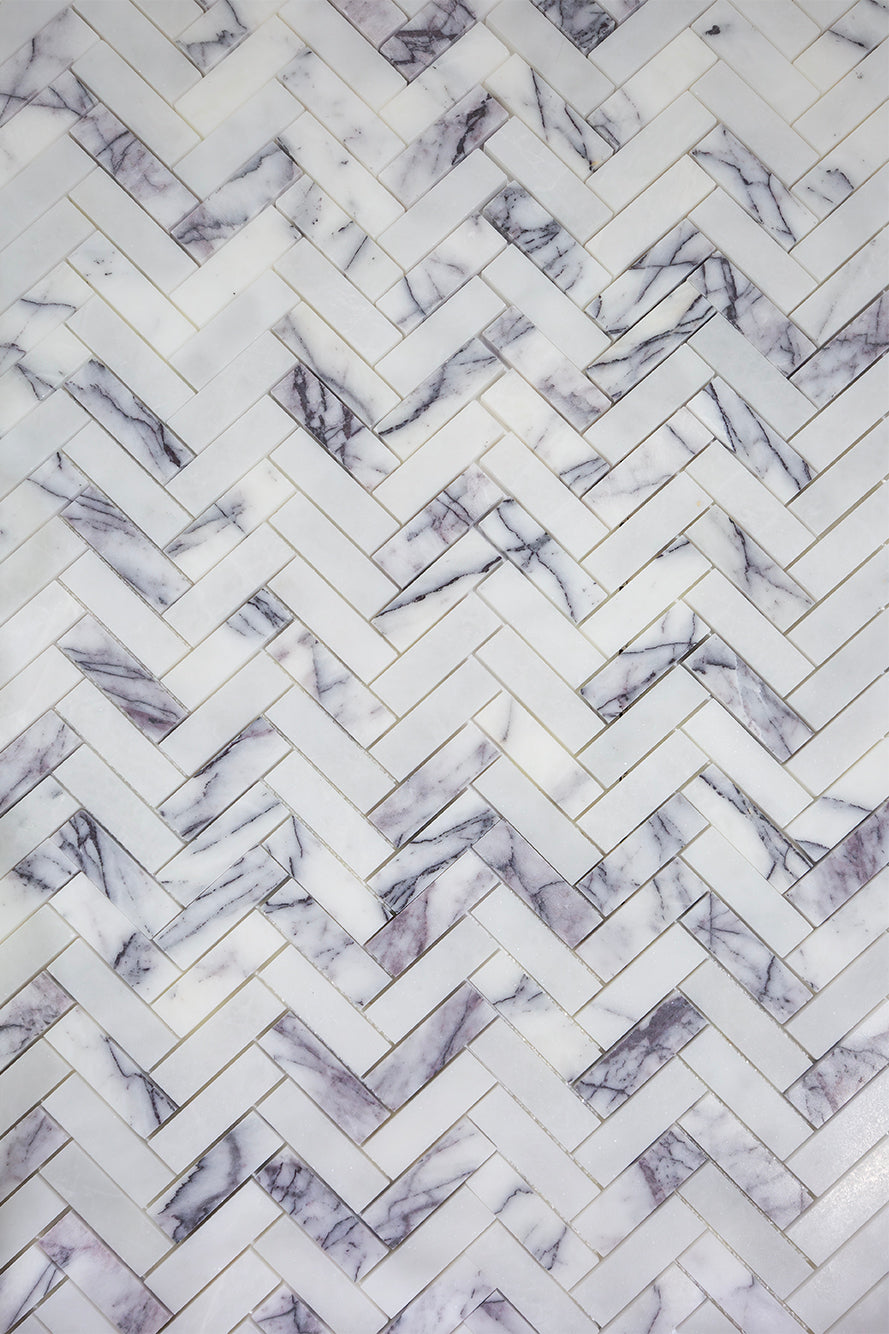 Carrara Viola Dusk Honed Marble Herringbone Mosaic | Quorn Stone